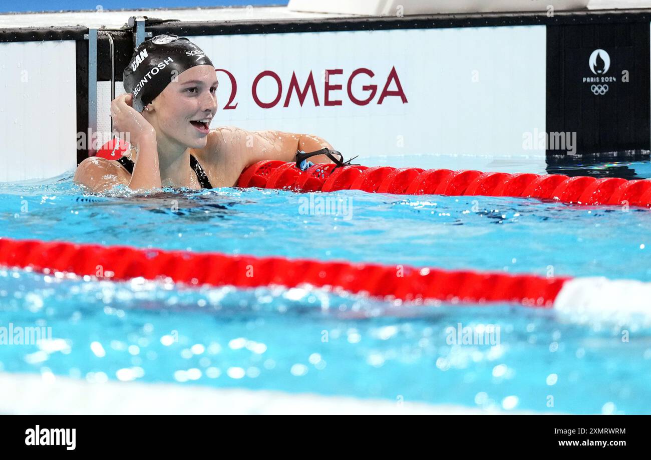 Paris, France. 29th July, 2024. Summer McIntosh of Canada reacts after ...