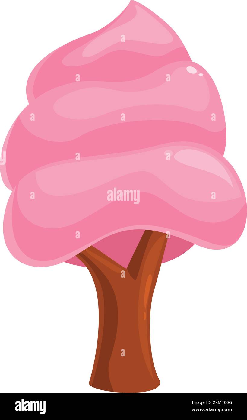 Cartoon pink cotton candy tree growing with brown trunk and delicious ...