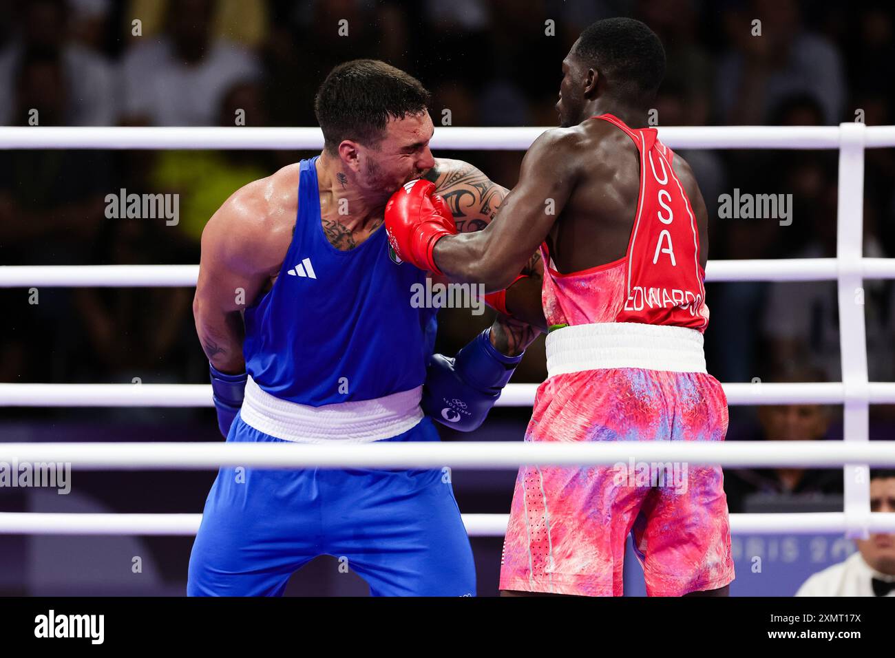 Paris, France, 29 July, 2024. Joshua Edwards of USA throws a punch in ...