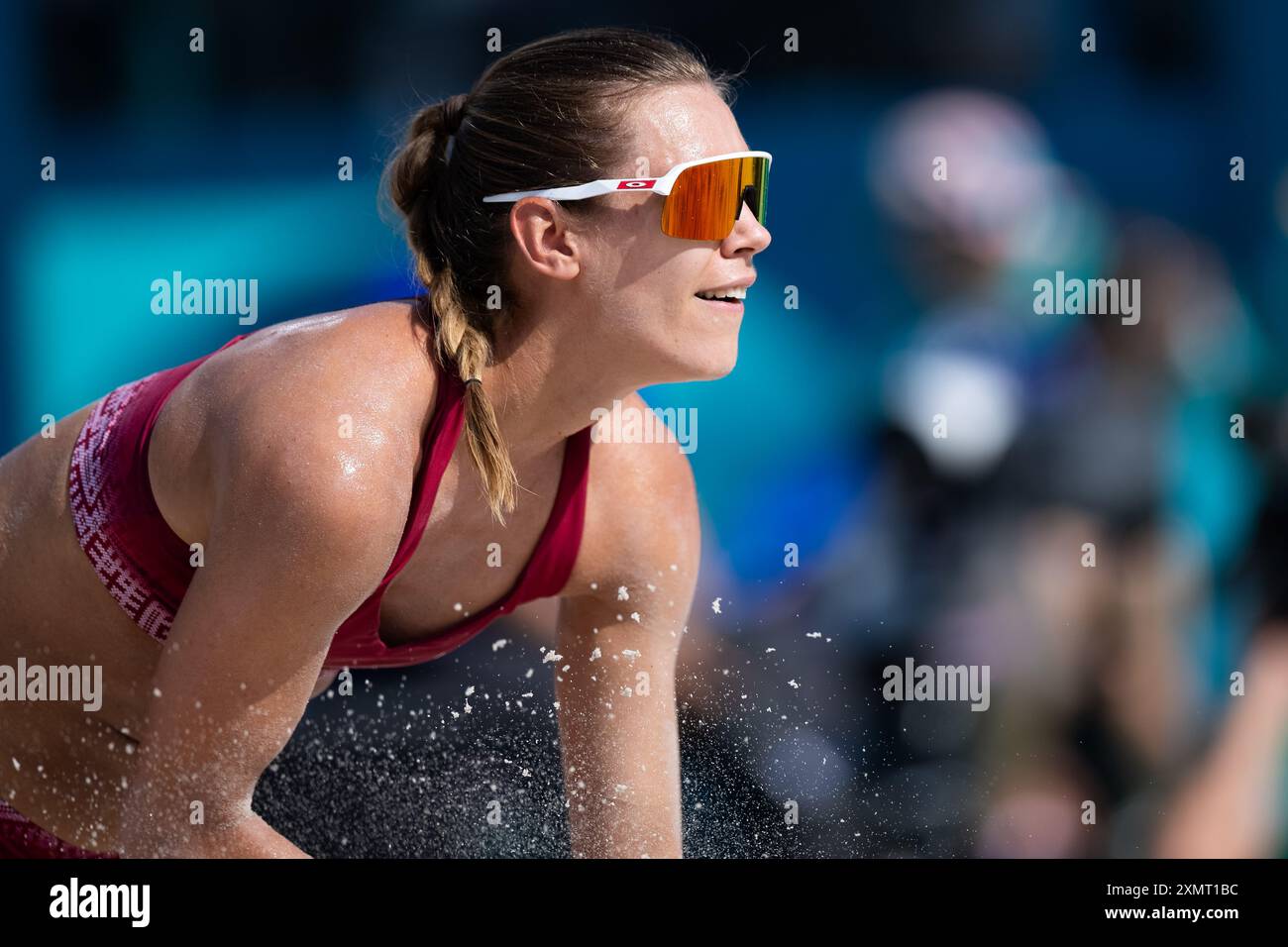 Paris, France, 29 July, 2024. Tina Graudina of Latvia rubs sand into ...