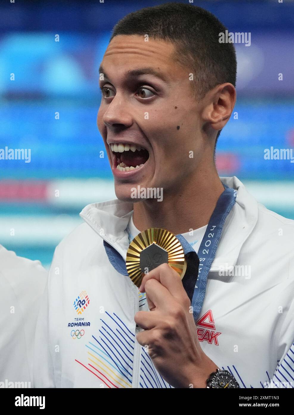 Paris, France. 29th July, 2024. Gold medalist David Popovici of Romania ...