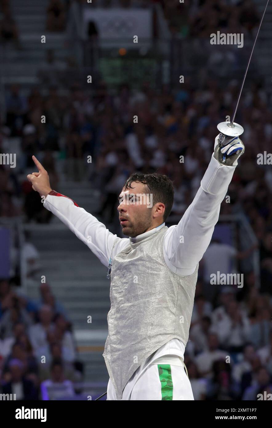 Paris, France. 29th July, 2024. Filippo Macchi of Italy celebrates his ...