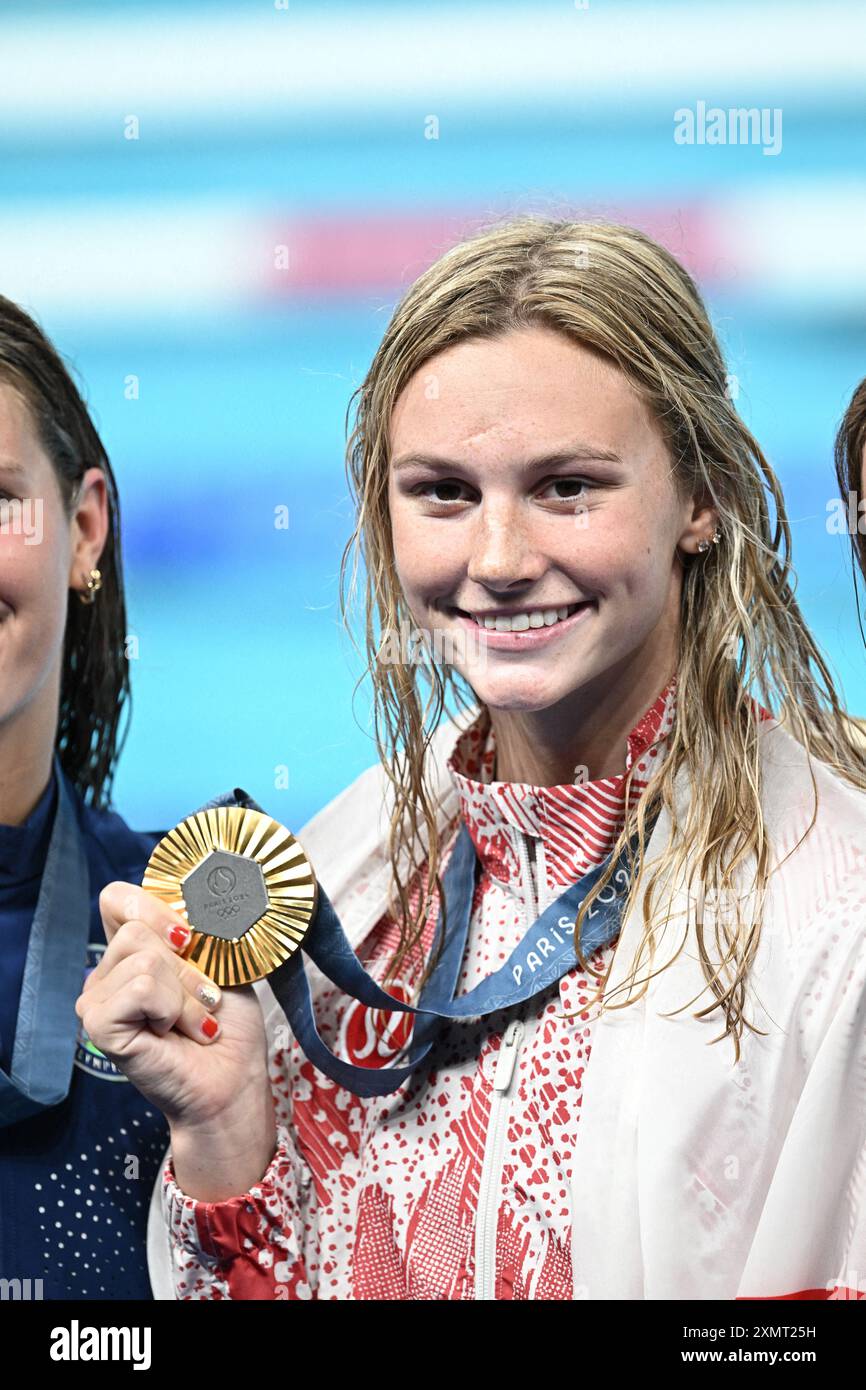 Paris, France. 29th July, 2024. Gold Medalist Summer McIntosh of Team Canada poses on the podium ...