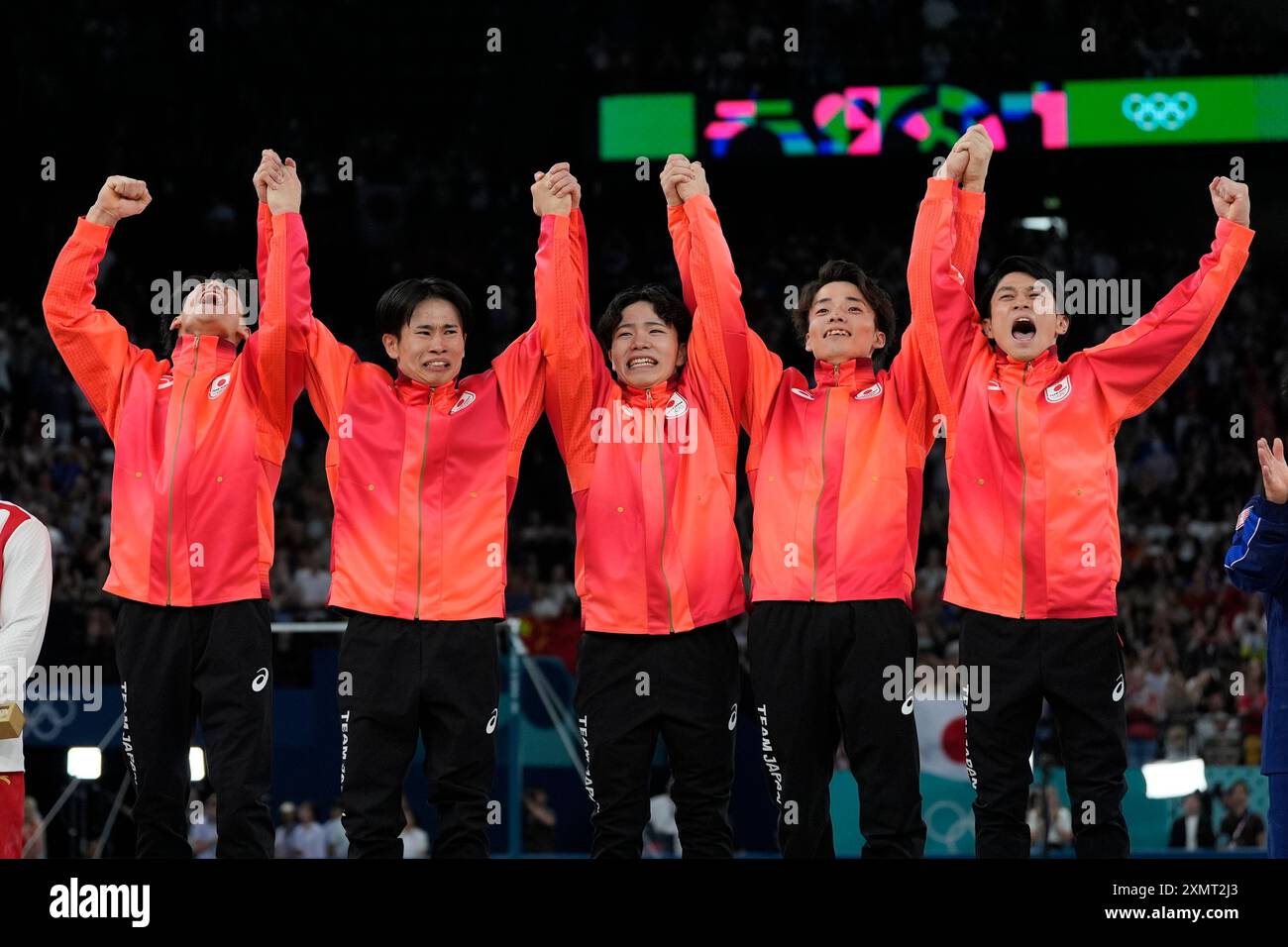 Gold medalists, Team Japan pose with their medals during the men's ...