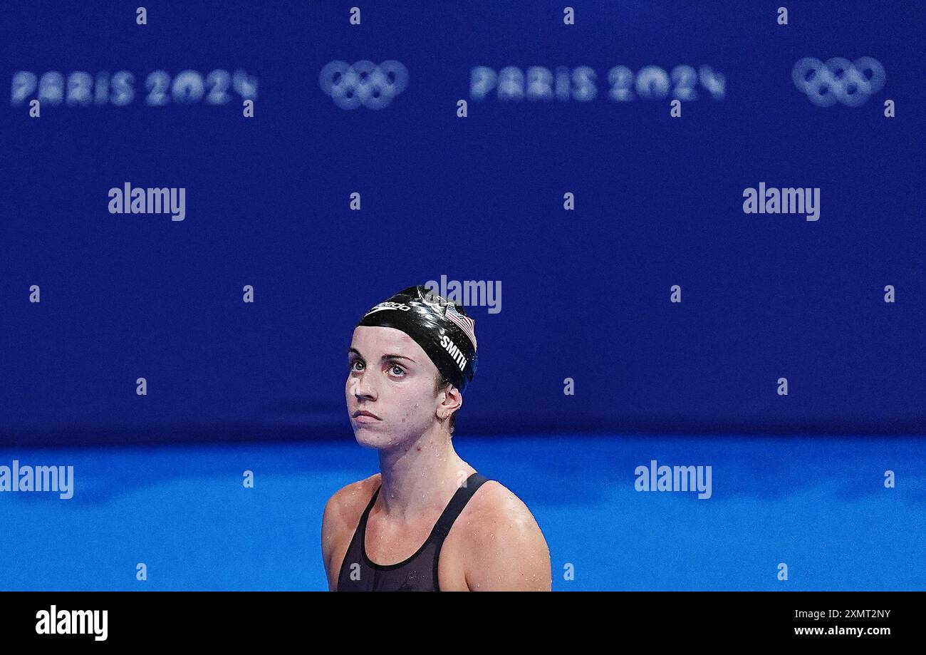 Paris, France. 29th July, 2024. Regan Smith of the United States reacts ...