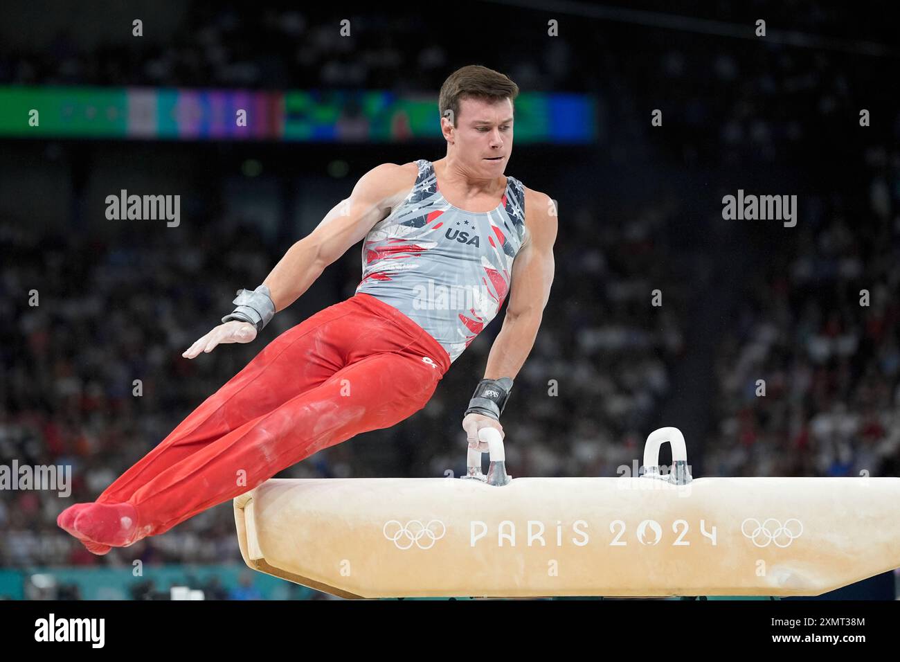 Brody Malone, of the United States, performs on the pommel horse during ...