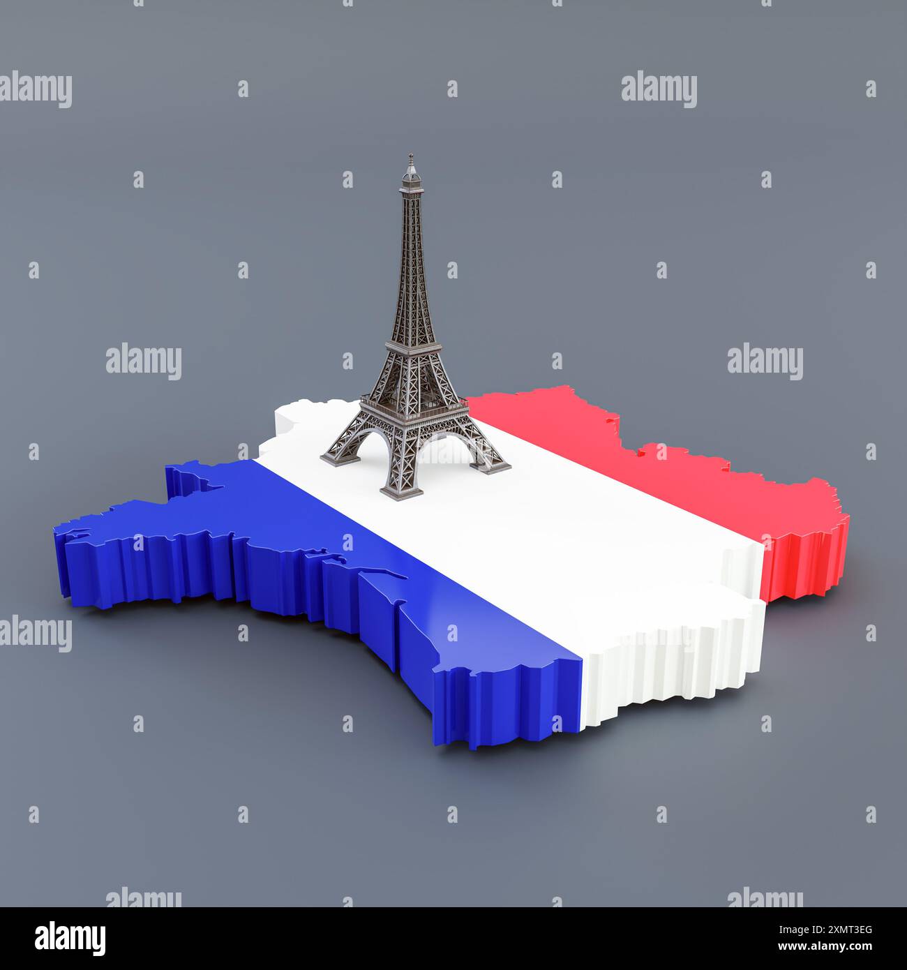 3d rendering of 3d map of France with miniature of Eiffel Tower placed ...