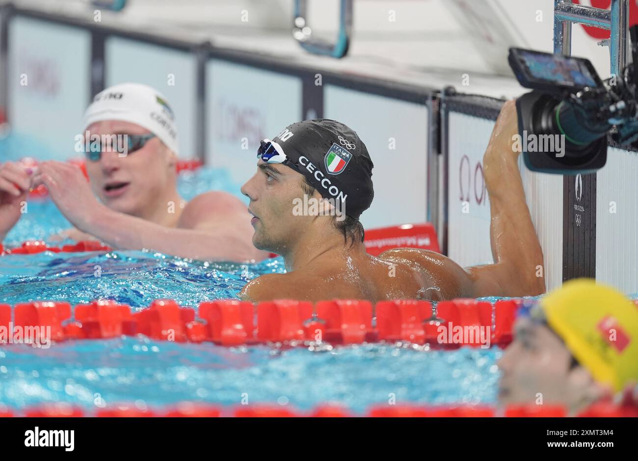 Italy's CECCON Thomas reacts after winning the swimming Men's 100m ...