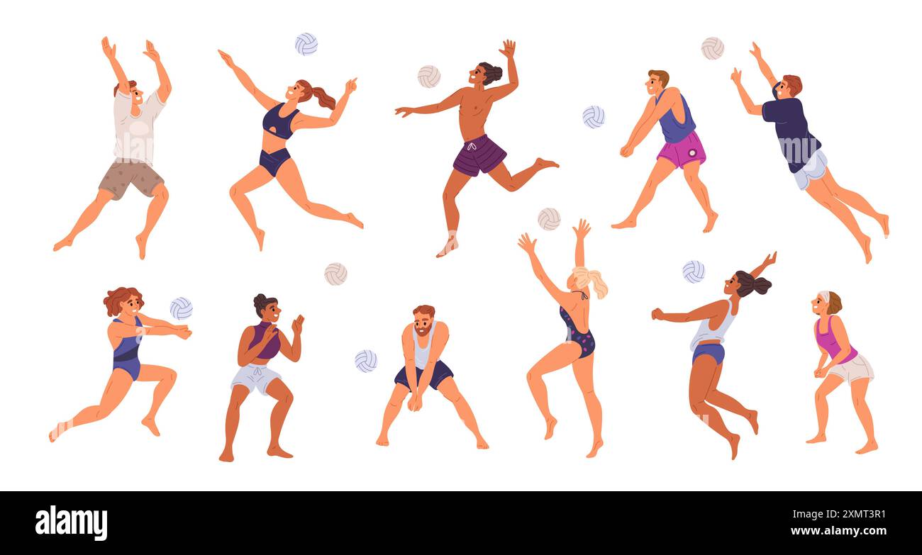 People play volleyball at beach. Players serving and hitting ball ...
