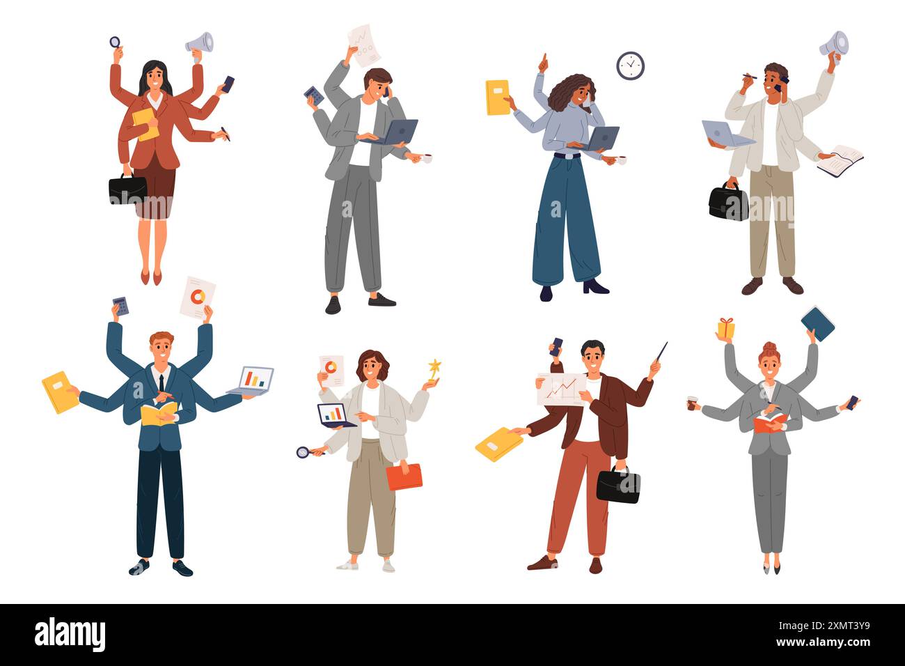 Multitasking characters. Men and women with lots of hands. Executive people performing several ...