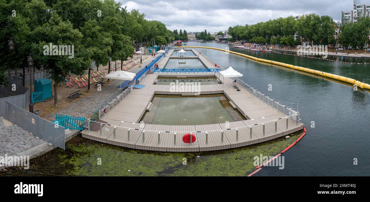 Paris, France - 07 21 2024: Ourcq Canal. View of Bassin de la Villette ...