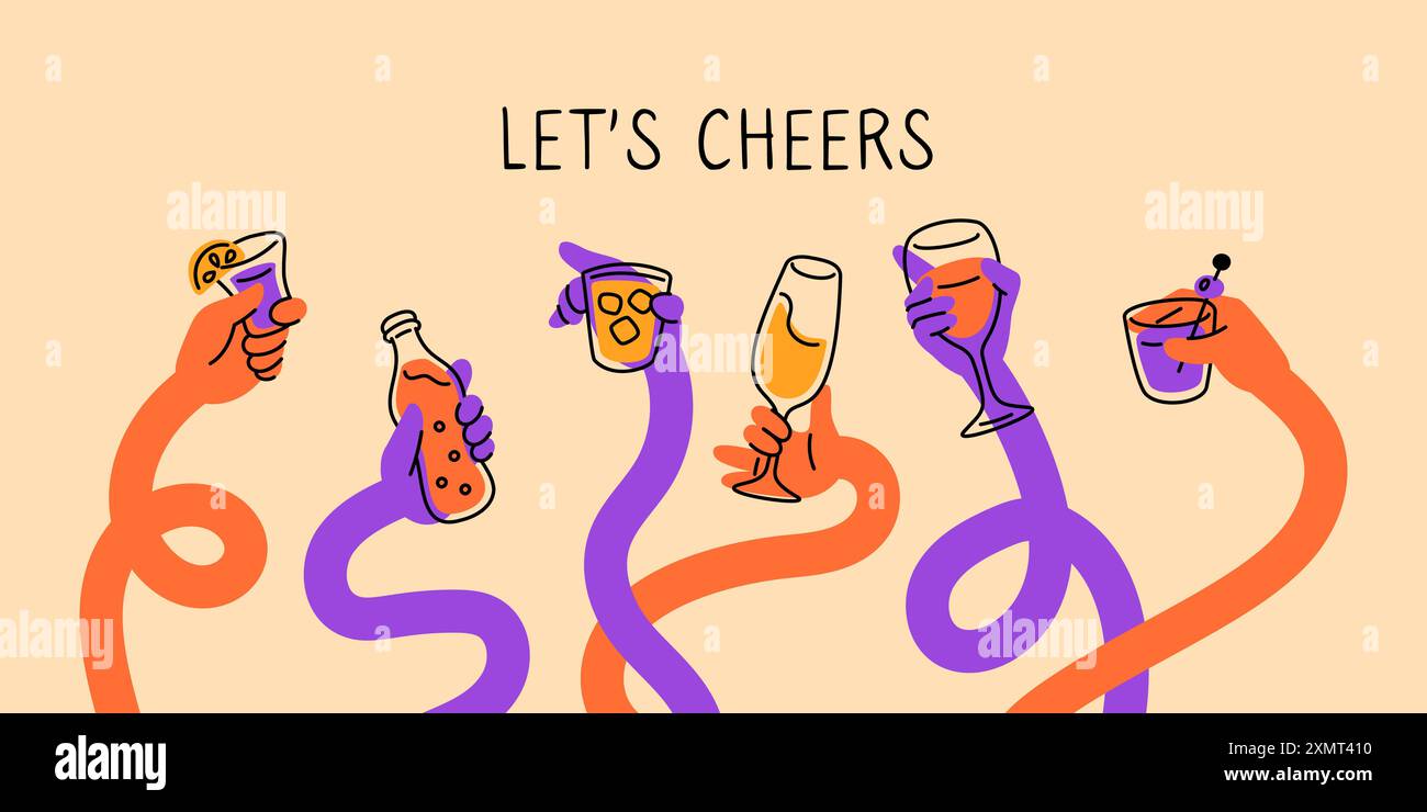 Multicolored hands holding glasses. Cheers human arms gesture. Drink ...