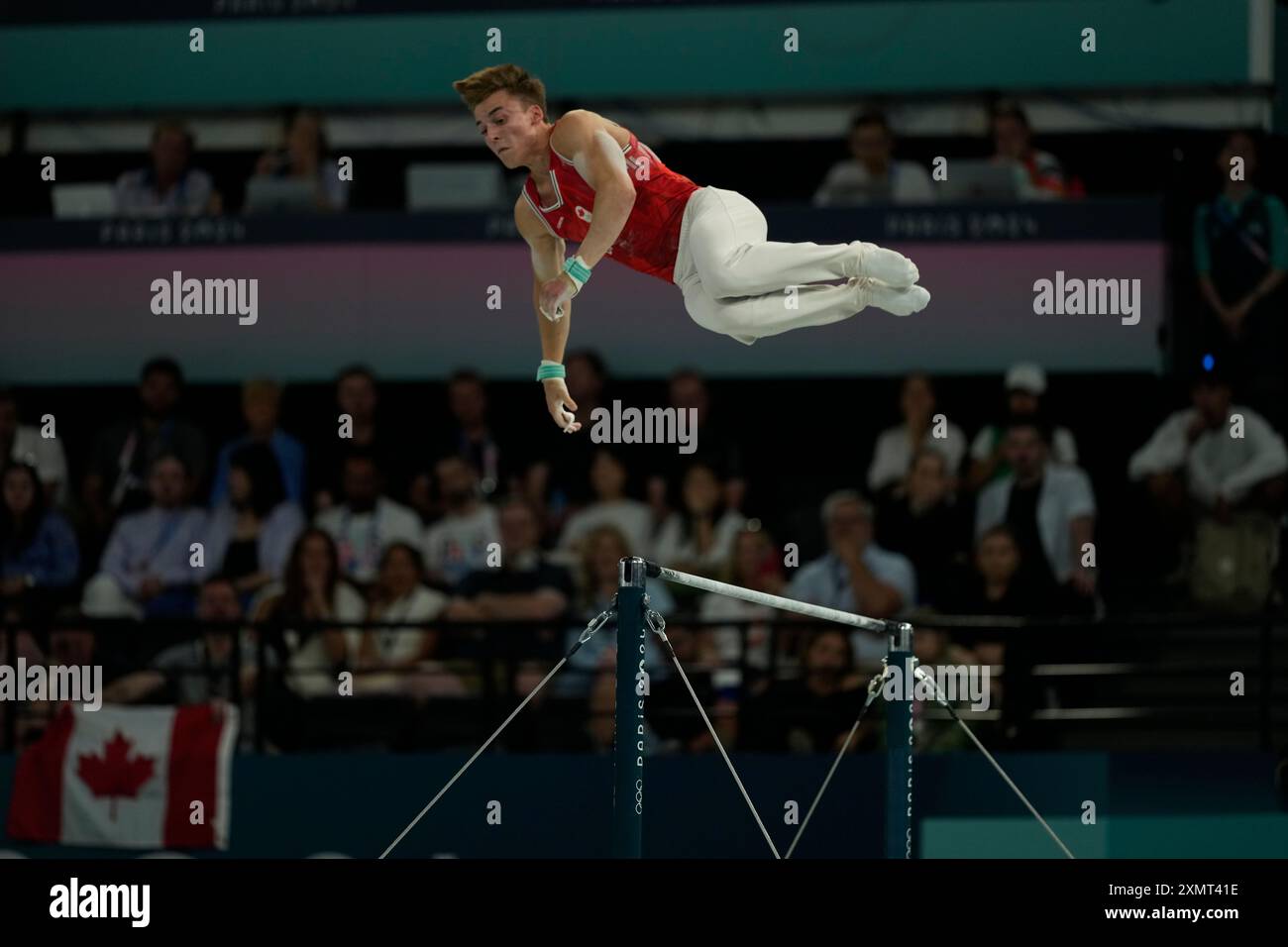 Matteo Giubellini, of Switzerland, performs on the horizontal bar ...