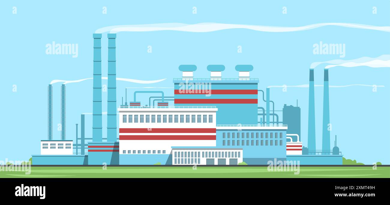 Industrial enterprise. Factory building with smoking pipes ...