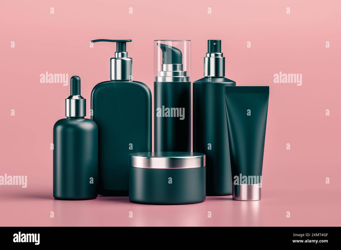 3d illustration of set of diverse cosmetic containers in black color ...