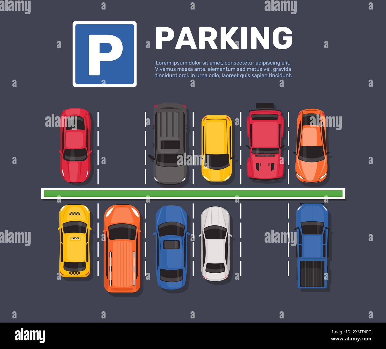 Cars parking zone. Top view city personal and public transport. Paved ...