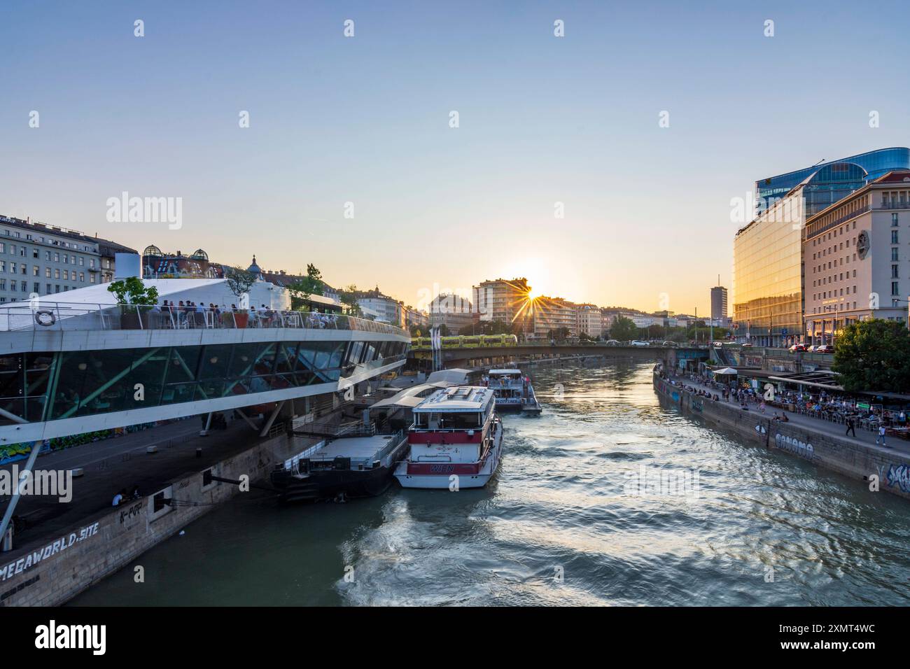 river Donaukanal, arriving Twin City Liner ship at Schwedenplatz jetty ...