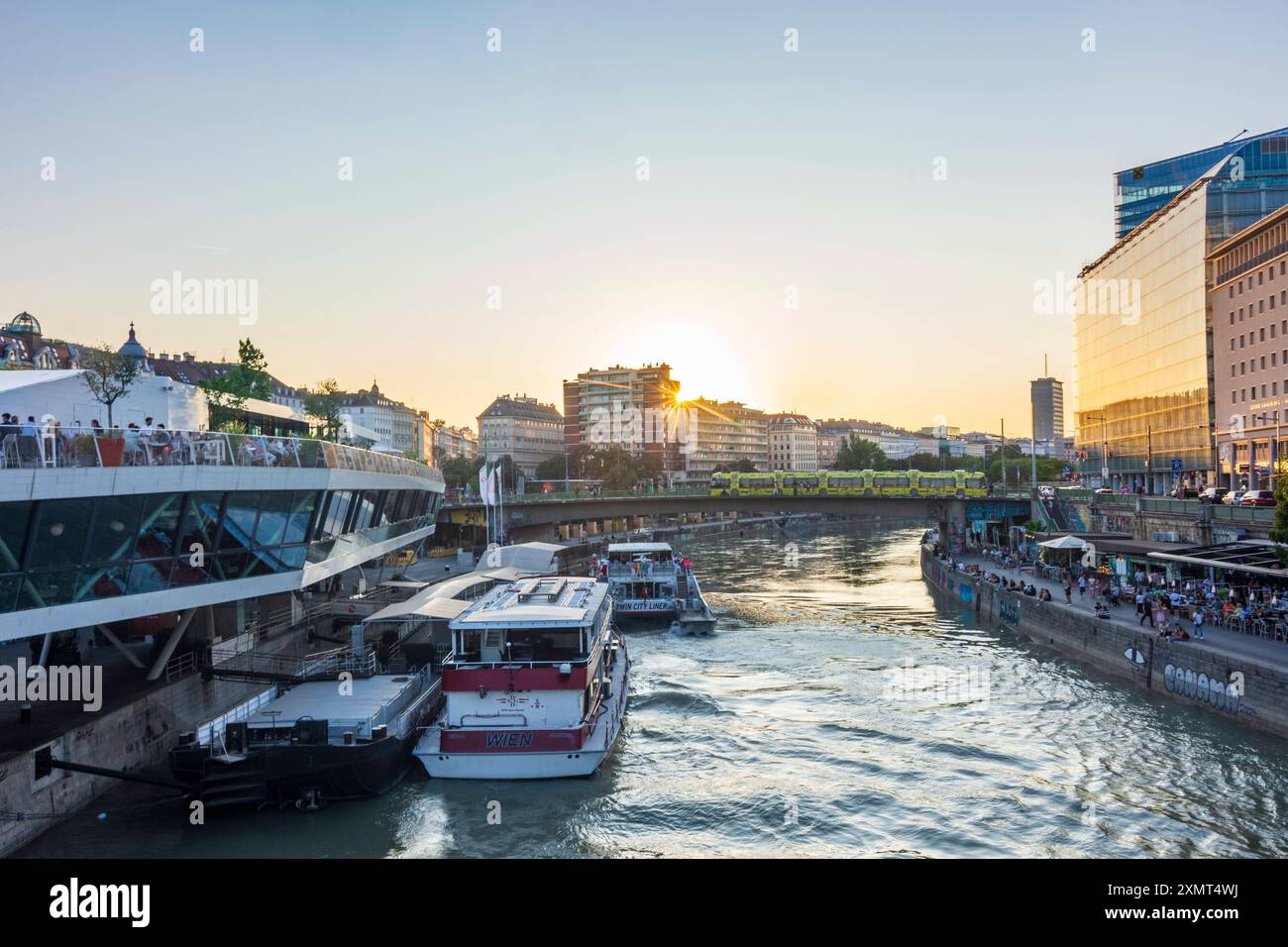 river Donaukanal, arriving Twin City Liner ship at Schwedenplatz jetty ...