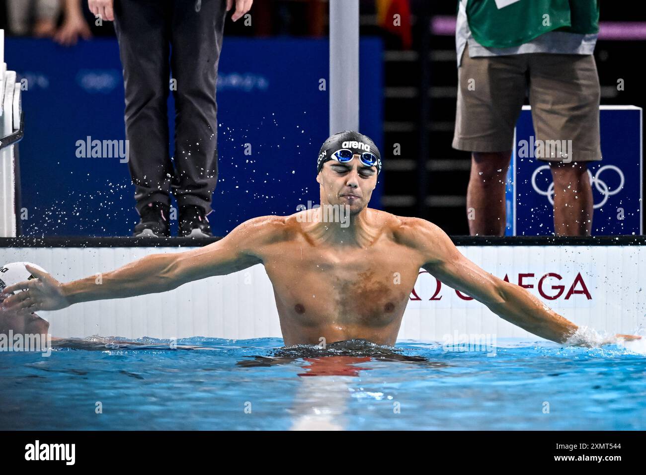 Paris, France. 29th July, 2024. Thomas Ceccon of Italy celebrates after ...