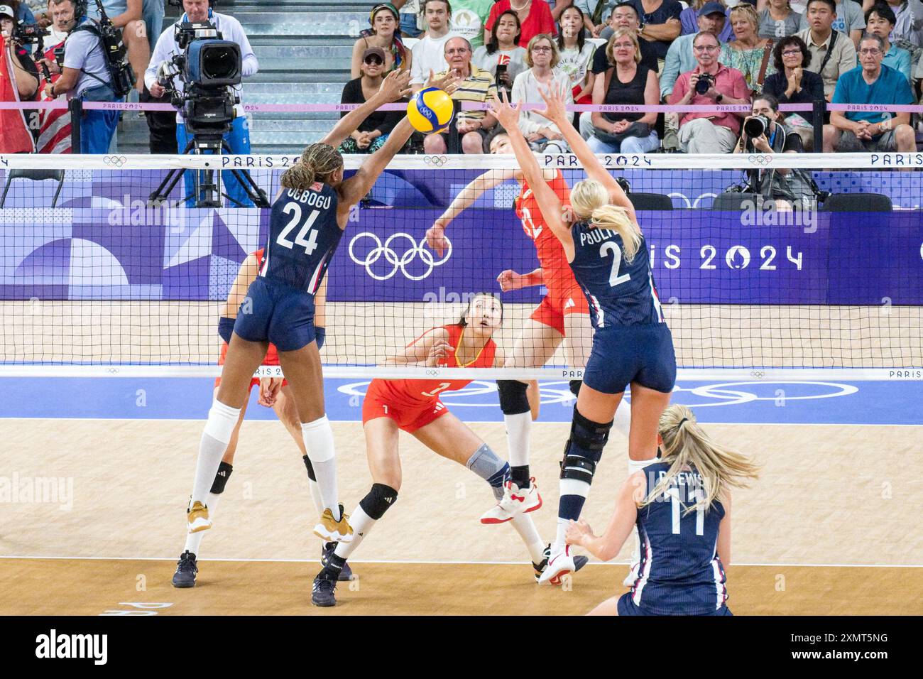 Paris, France, 29th July, 2024. Team China hits against team USA Volleyball - Women's ...