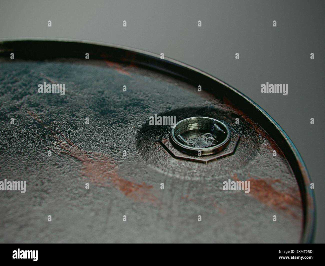 Closeup 3d render of used, soiled, dirty and rusty Oil barrel's top cap ...