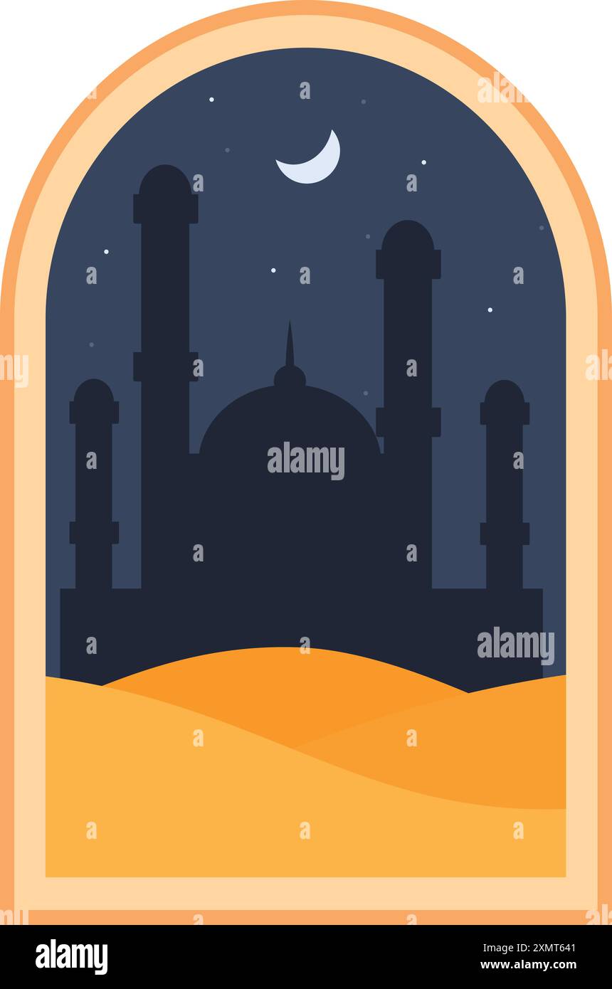 Silhouette of a mosque standing in the desert with a crescent moon in ...