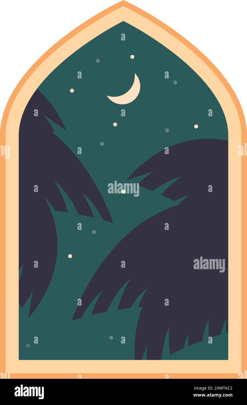 Arched window framing crescent moon over swaying palm trees and starry ...