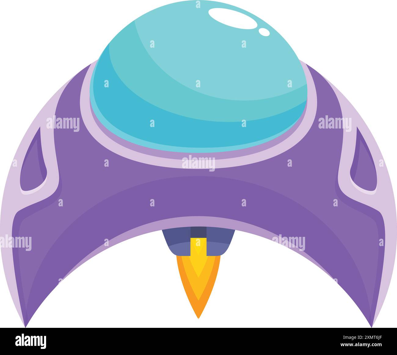 Purple spaceship flying with fire behind isolated on white background ...