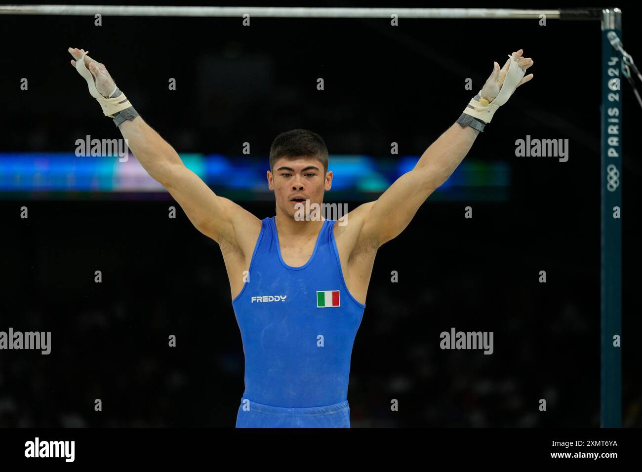 Yumin Abbadini, of Italy, high bar during the men's artistic gymnastics ...