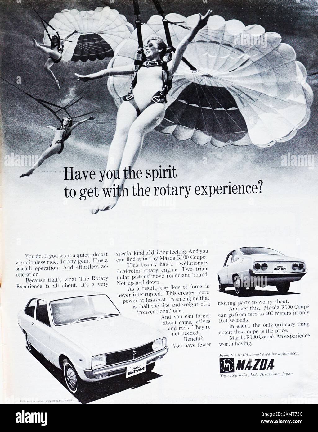 A 1970 advertisement for the Mazda R100 coupé with its dual rotor ...