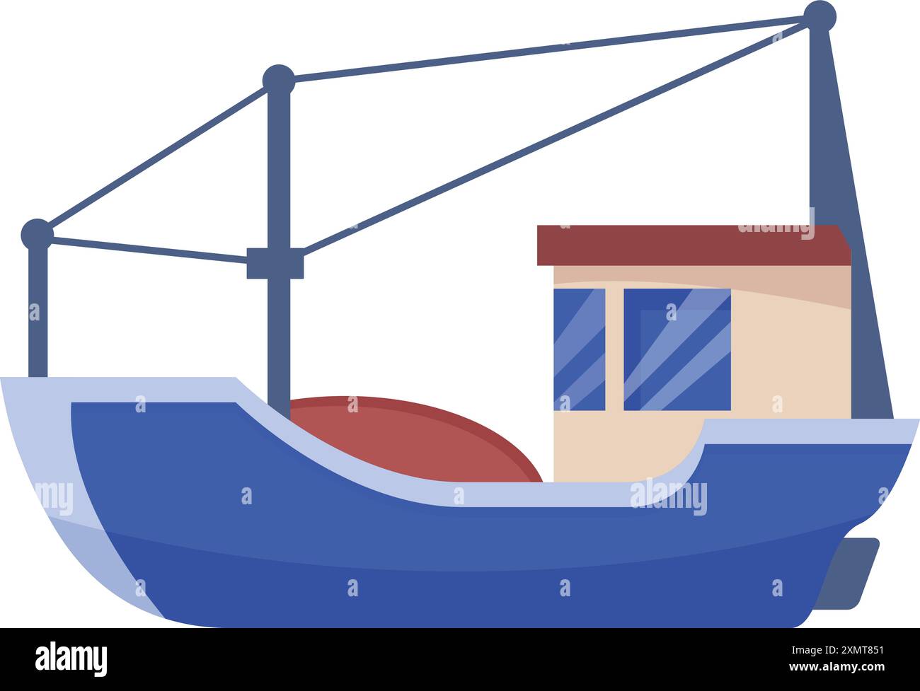 Blue fishing boat sailing on the water with its nets cast out, ready ...