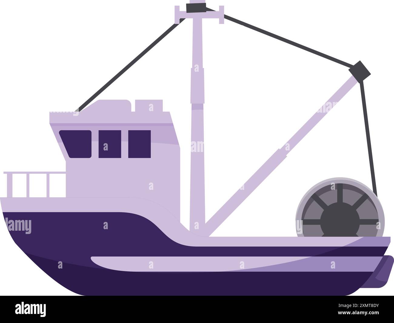 Fishing trawler ship sailing on water and catching fish with net Stock ...