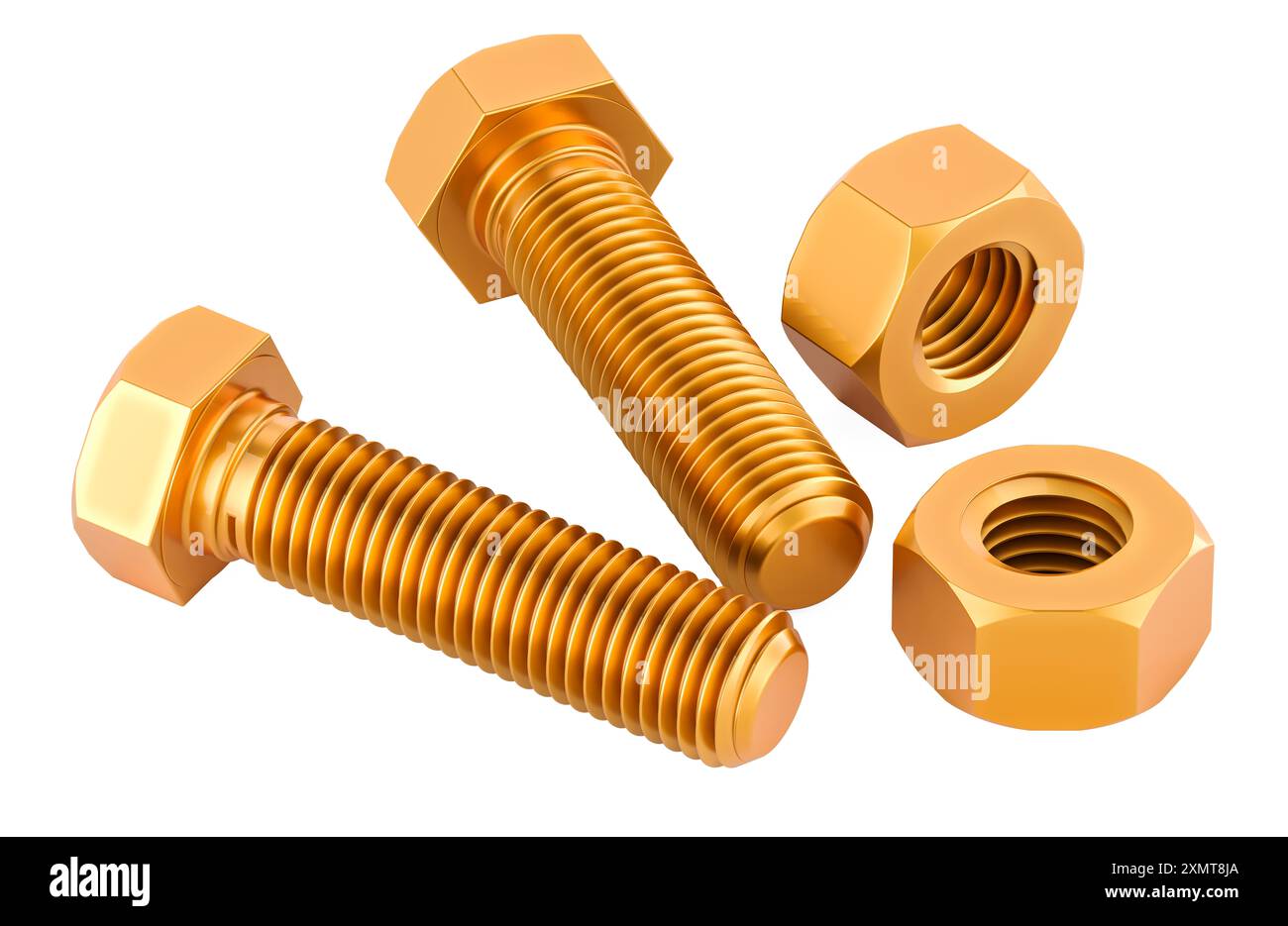 Copper bolts with nuts, 3D rendering isolated on white background Stock ...