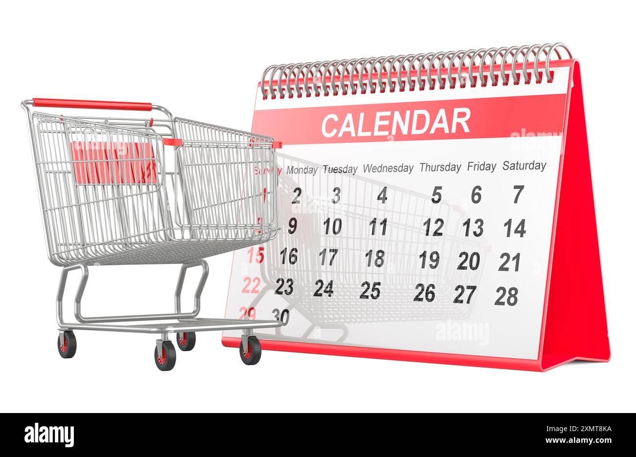Desk calendar with shopping cart, 3D rendering isolated on white ...