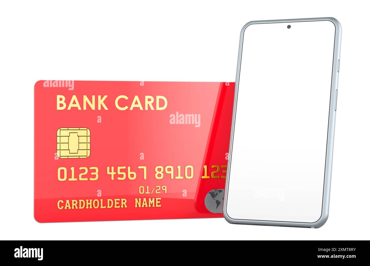 Smartphone with white screen and credit bank card. 3D rendering ...