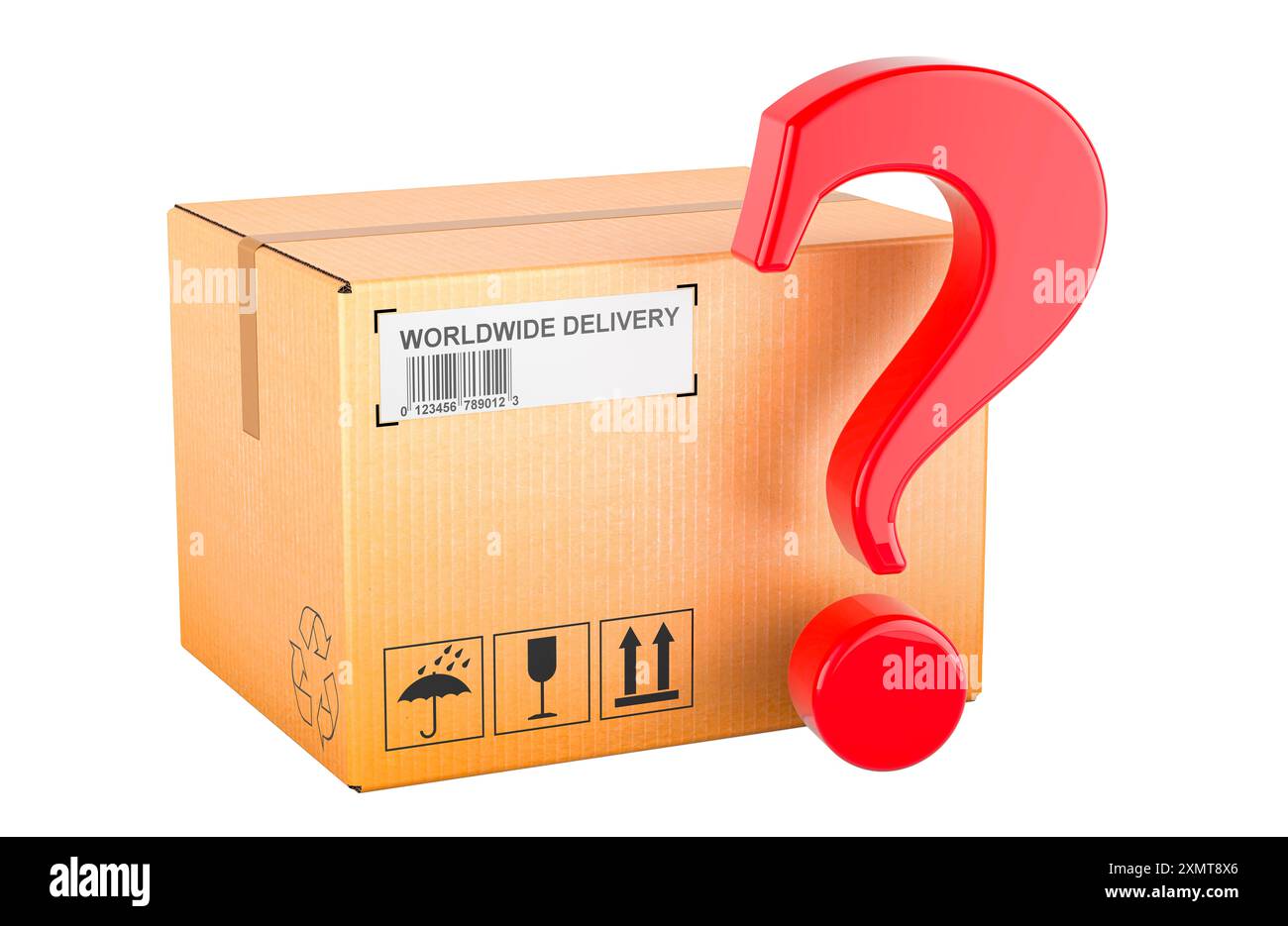 Parcel, cardboard box with question mark. 3D rendering isolated on ...