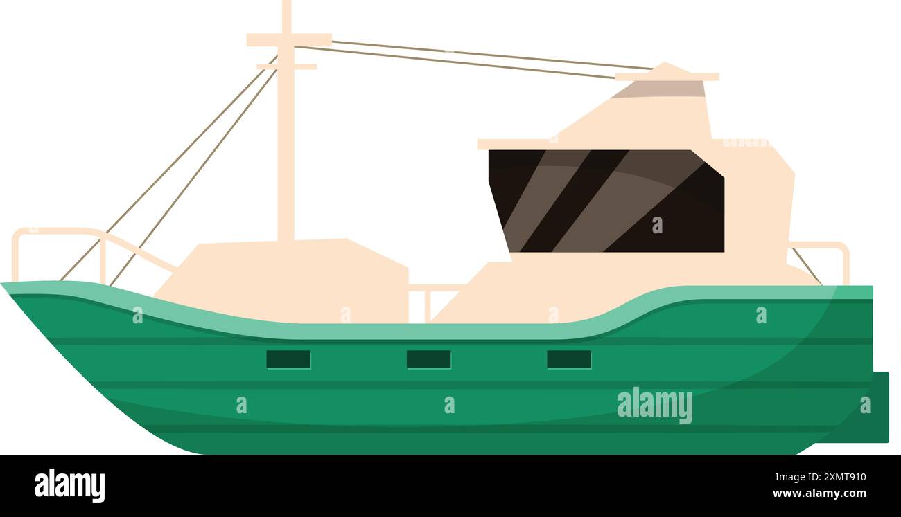 Green and beige fishing boat sailing on white background, commercial ...