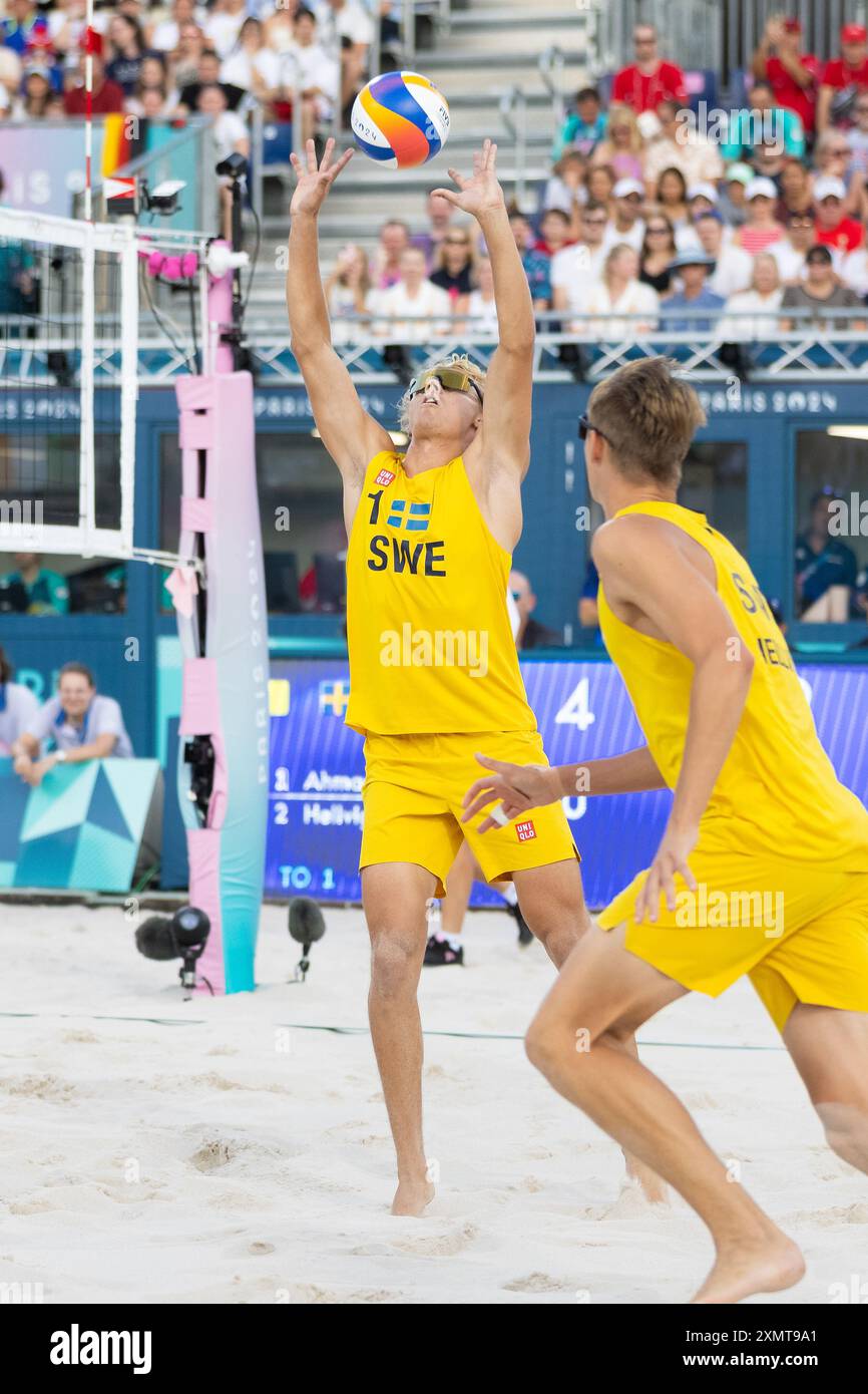 Paris, France, 29 July, 2024. David Ahman of Sweden sets up the ball at ...