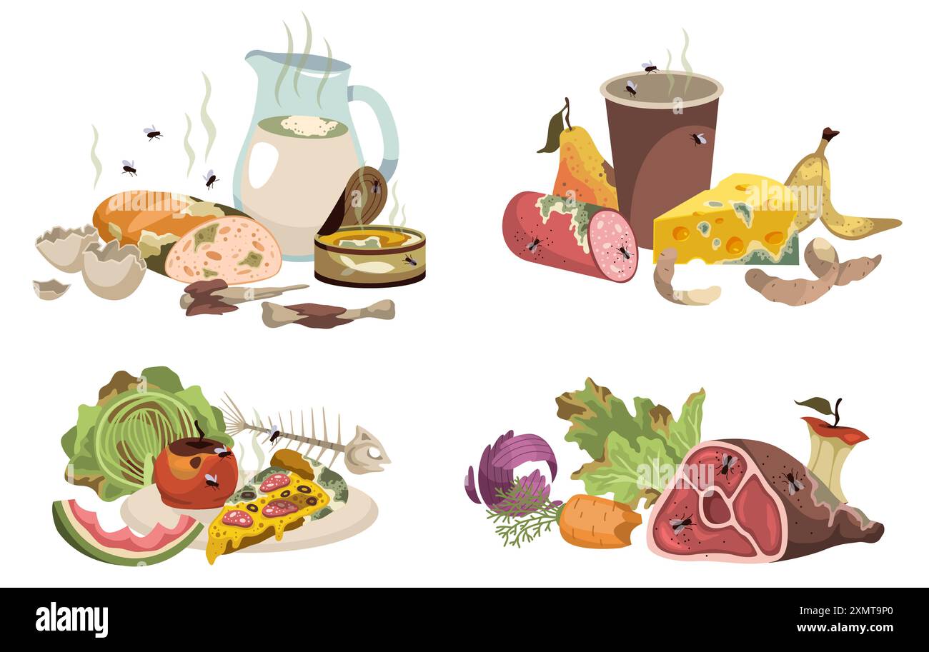 Rotten food scenes. Expired products compositions, moldy vegetables ...