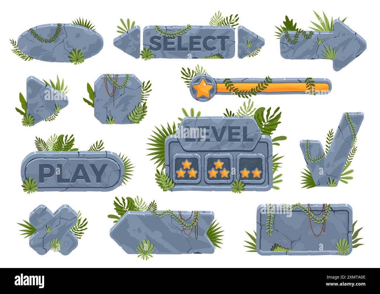 Stone panels with jungle plants. GUI elements, tropical leaves, blank interface bars, sliders ...