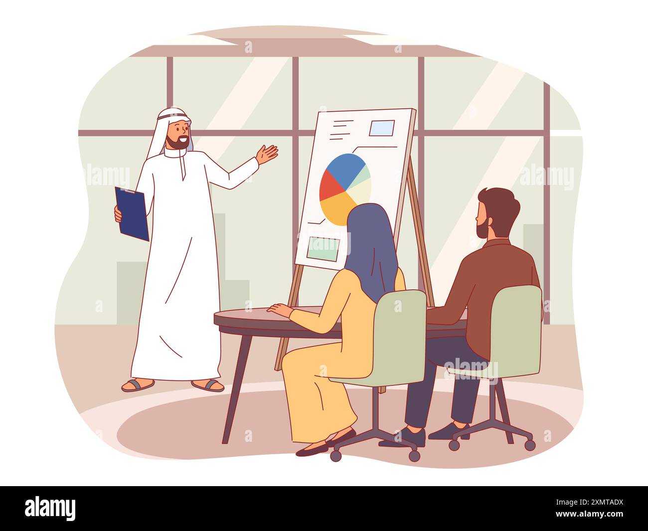 Arabic businessman conducts presentation. Man in national muslim ...