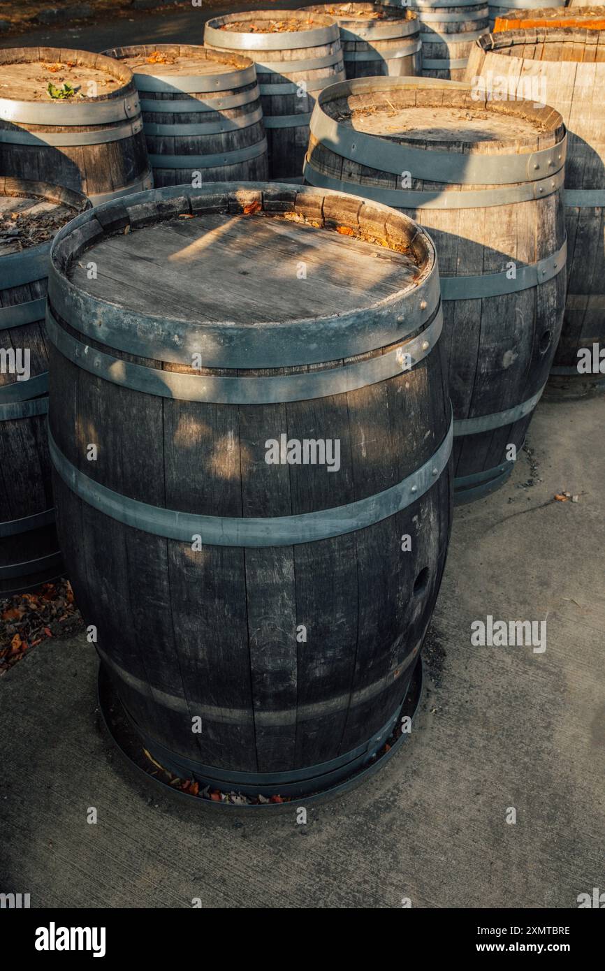 old, used wine barrels outside winery Stock Photo - Alamy