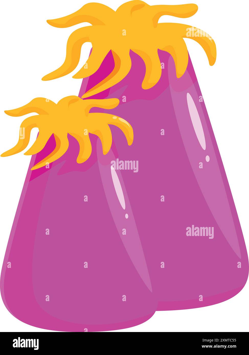 Two pink volcanoes are erupting with orange lava, isolated on white ...