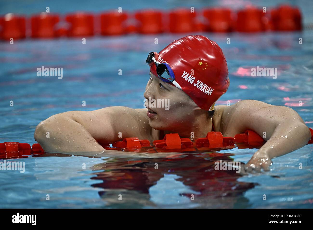 Paris, France. 29th July, 2024. Yang Junxuan of China reacts after the women's 200m freestyle ...