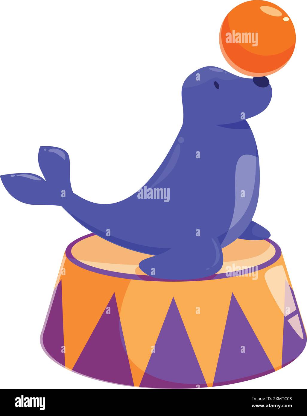 Trained circus seal balancing an orange ball on its nose while standing ...