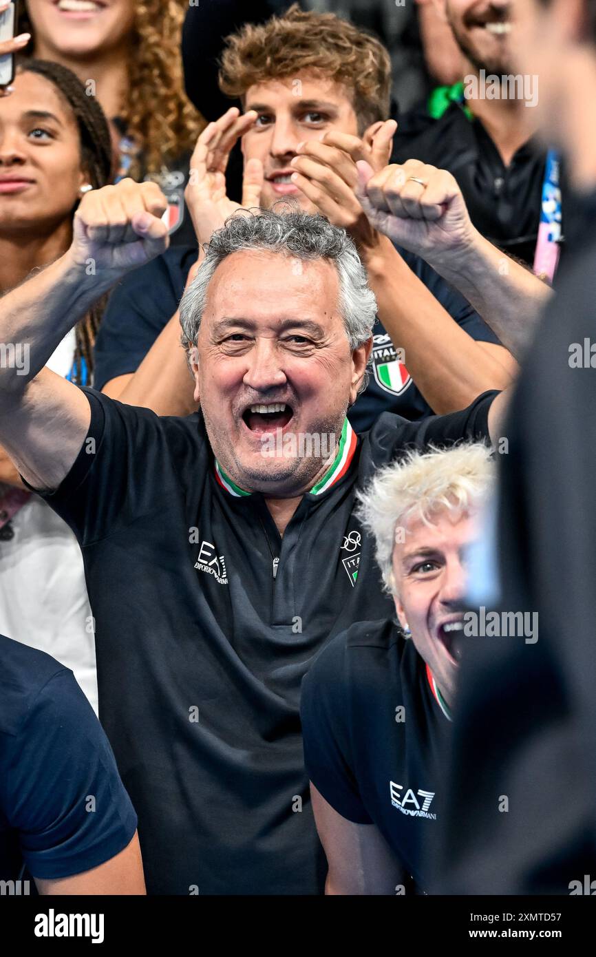 Paris, France. 29th July, 2024. Paolo Barelli celebrates the gold medal ...