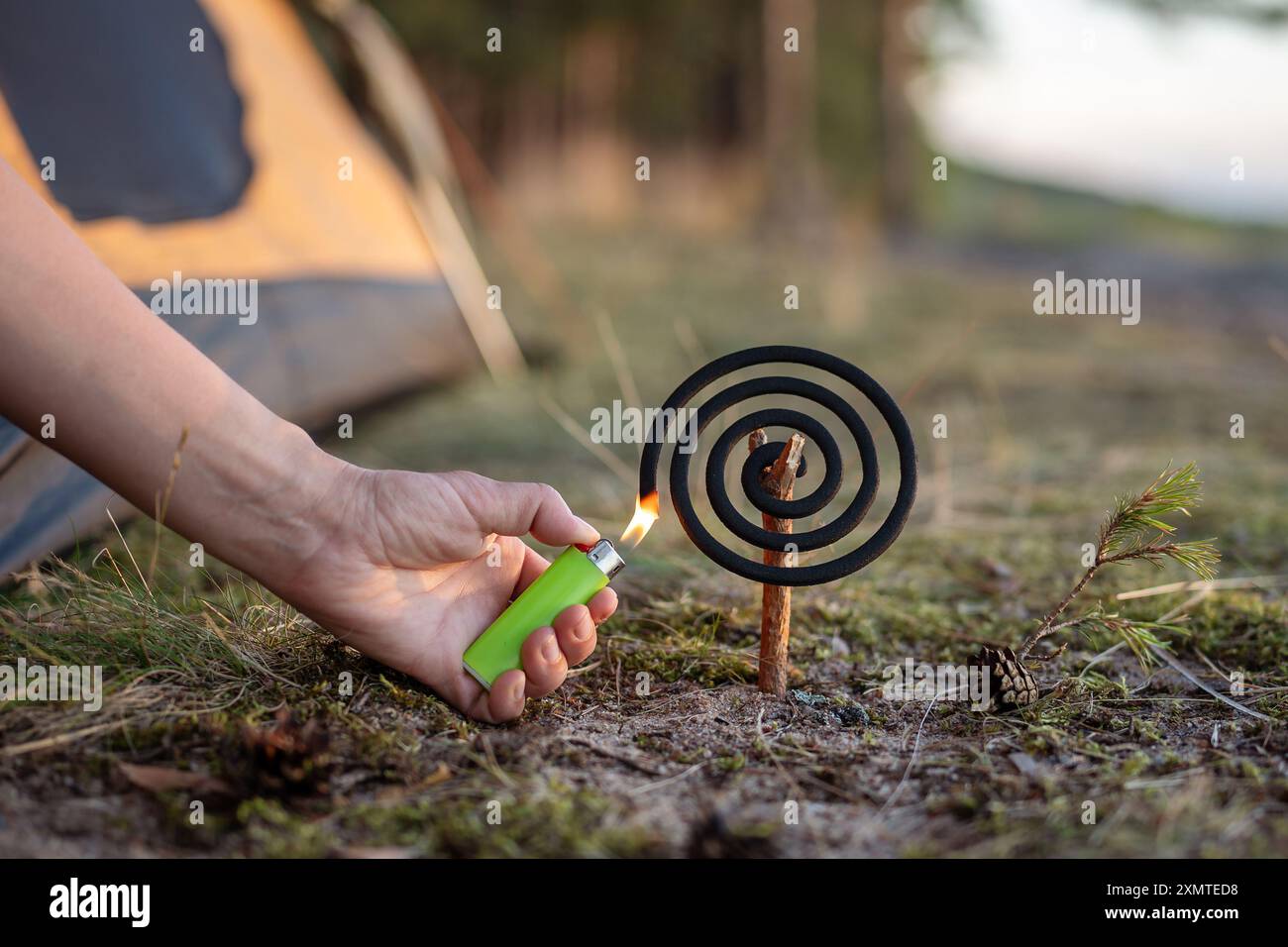 Hand with lighter igniting repellent coil - fumigator with smoke for ...