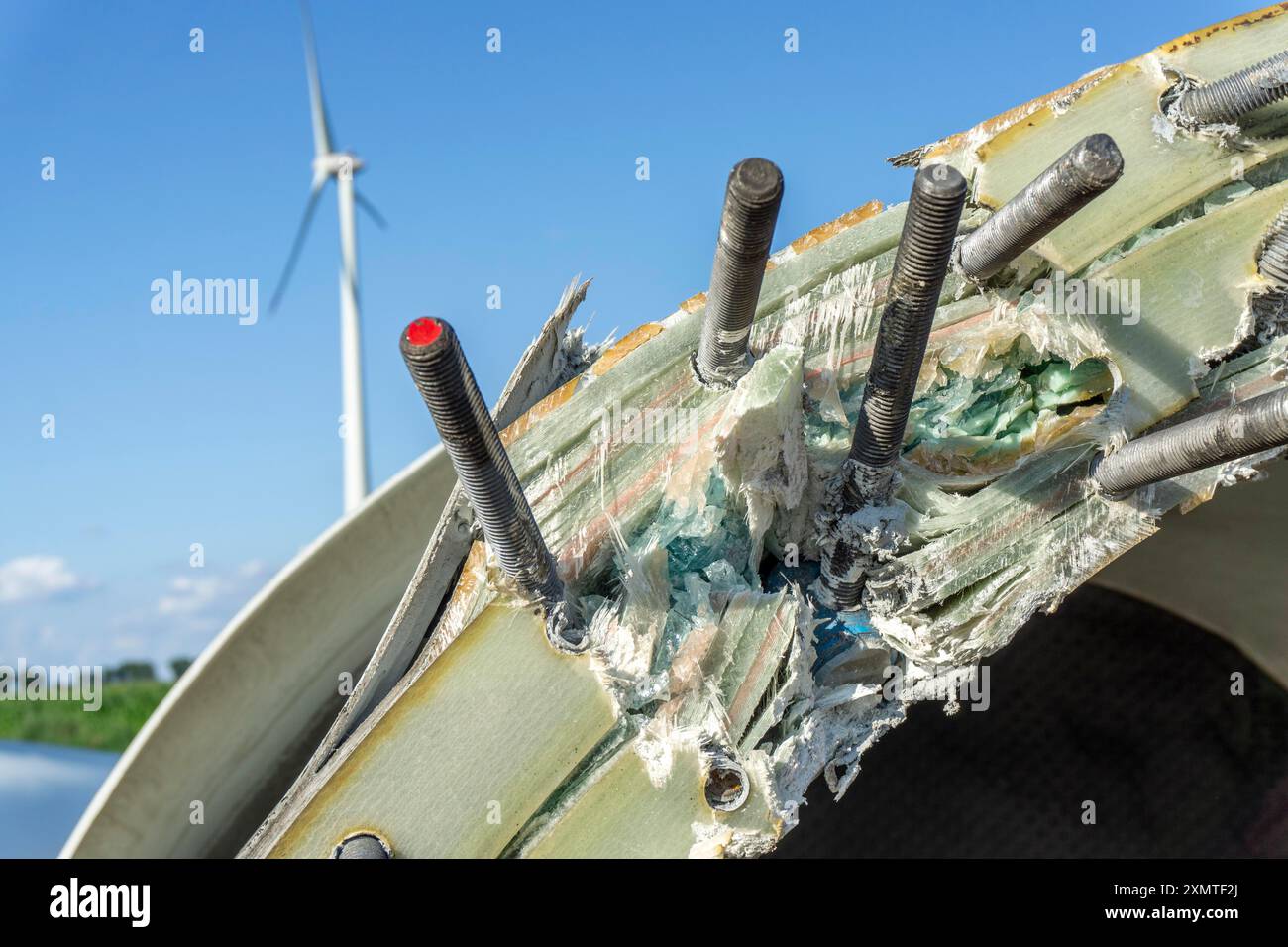 Close-up of a dismantled blade of a 23-year-old wind turbine, it ...