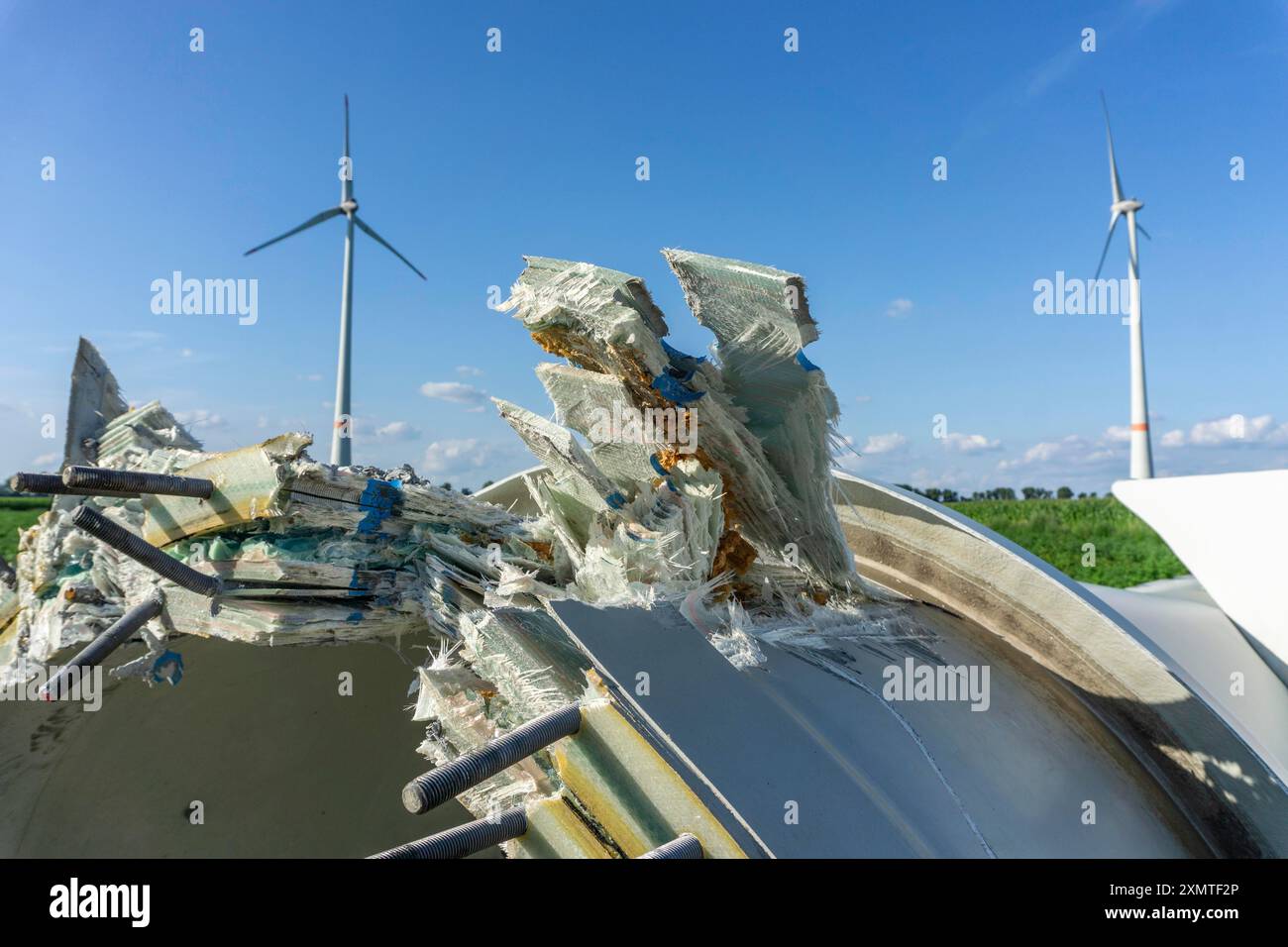 Close-up of a dismantled blade of a 23-year-old wind turbine, it ...