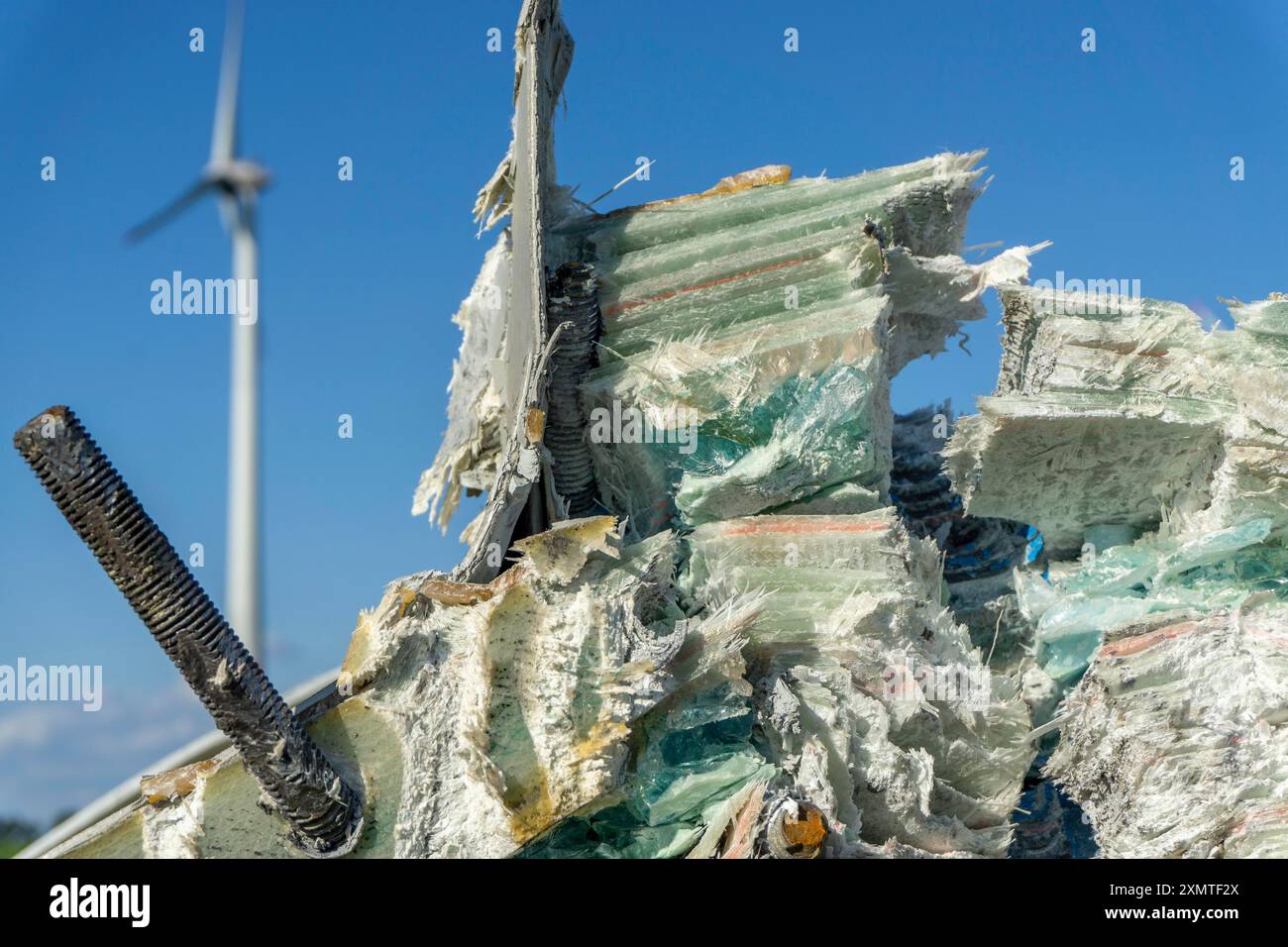 Close-up of a dismantled blade of a 23-year-old wind turbine, it ...